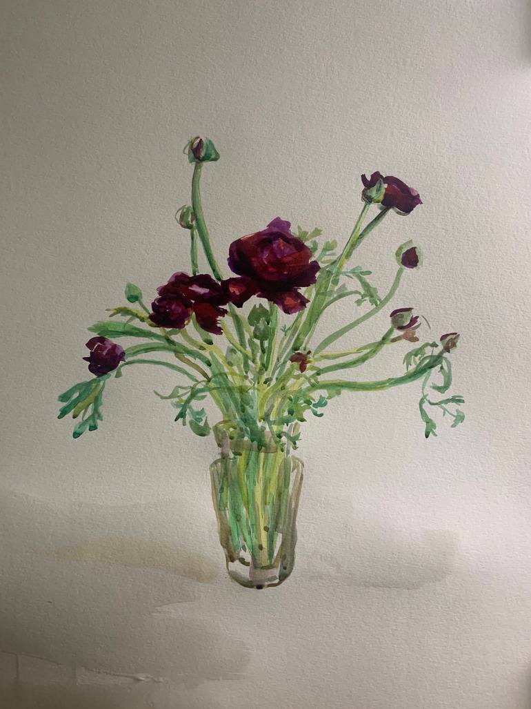 Ranunculus in Crystal Vase Painting by M Susan Broussard | Saatchi Art