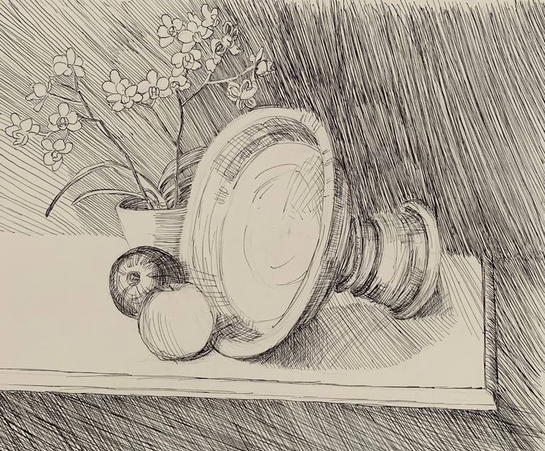 Still Life with Orchids, Apples and Basket Drawing by M Susan Broussard ...