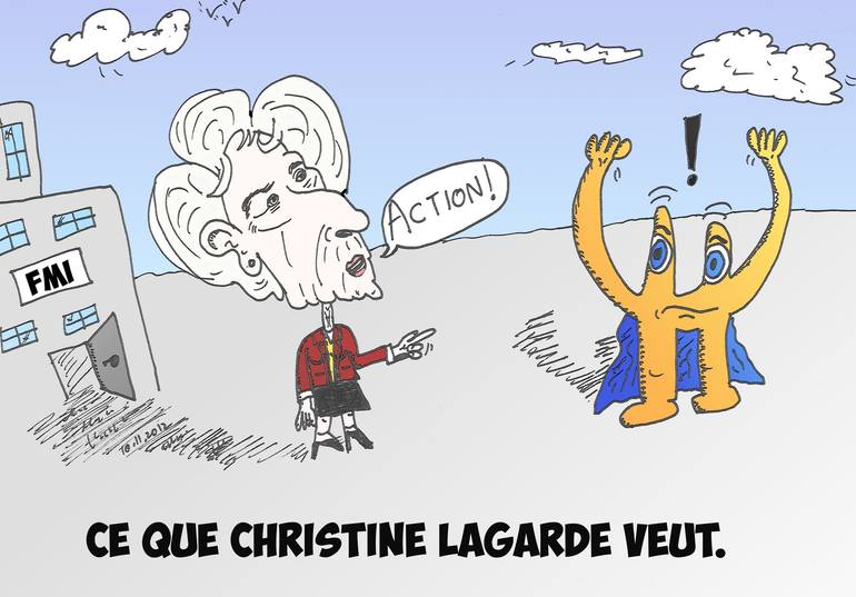 Lagarde et Euroman caricature Drawing by Binary Options | Saatchi Art