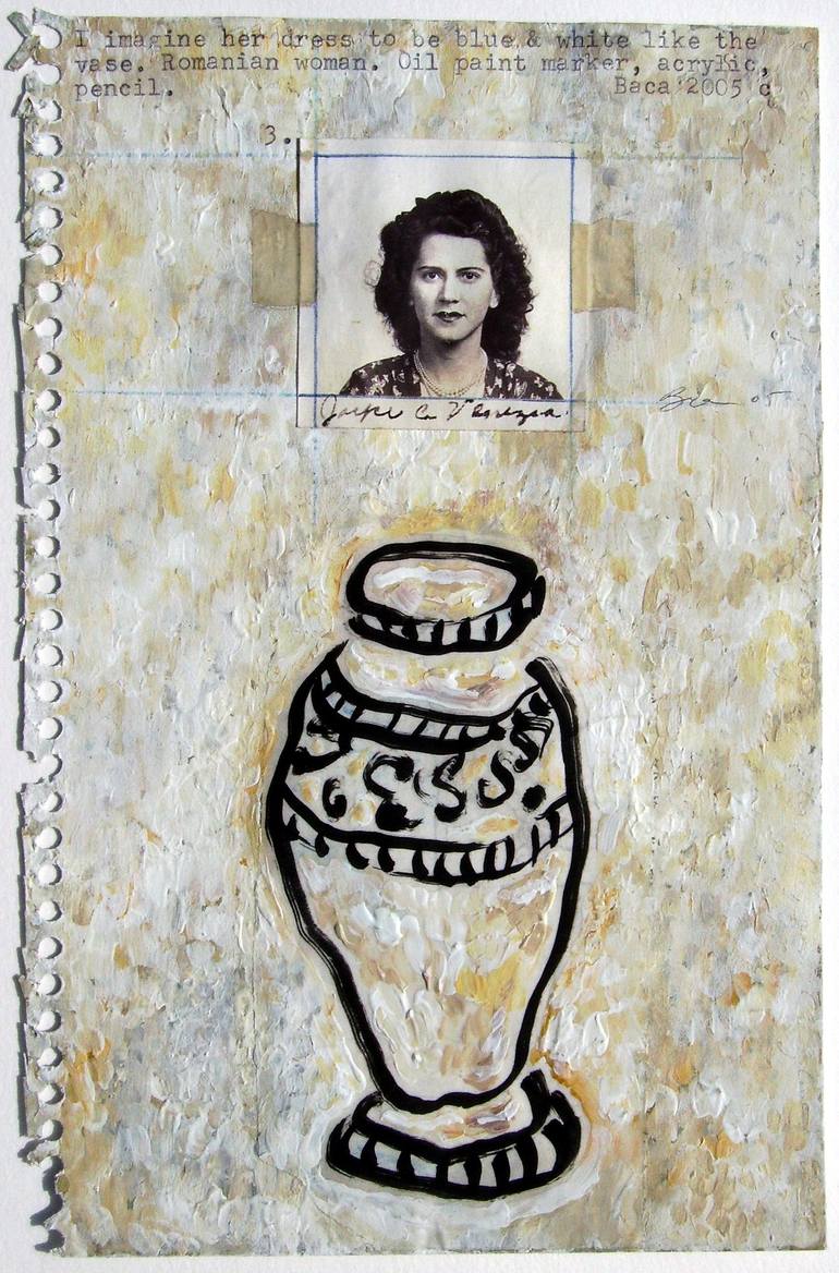 Blue and White Vase with Romanian Female Drawing by Deborah Baca ...