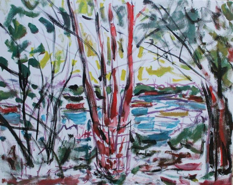 Red Tree on the River Painting by Steven Thomas Higgins | Saatchi Art