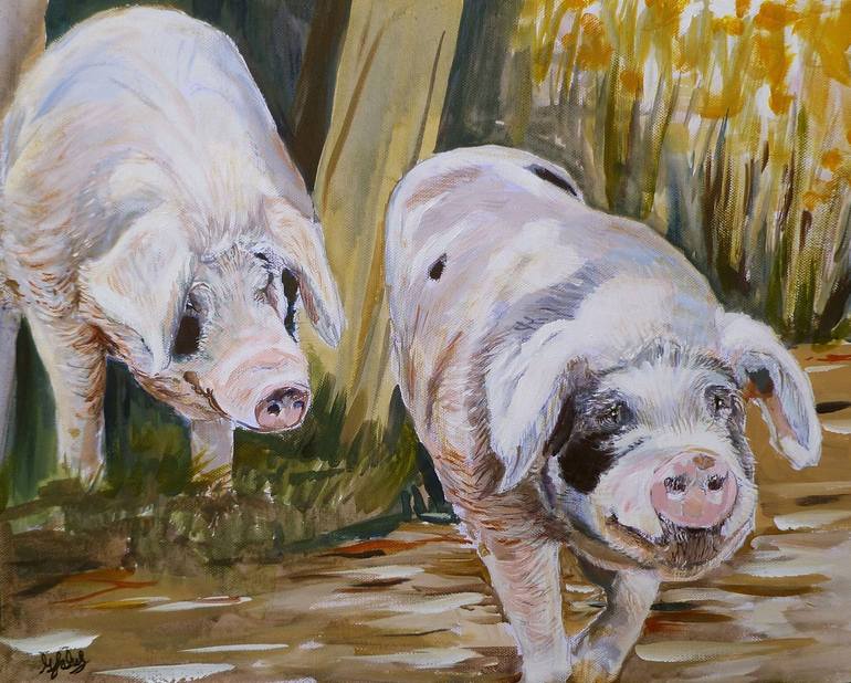 Walter and Iris - pigs Painting by Margaret James | Saatchi Art