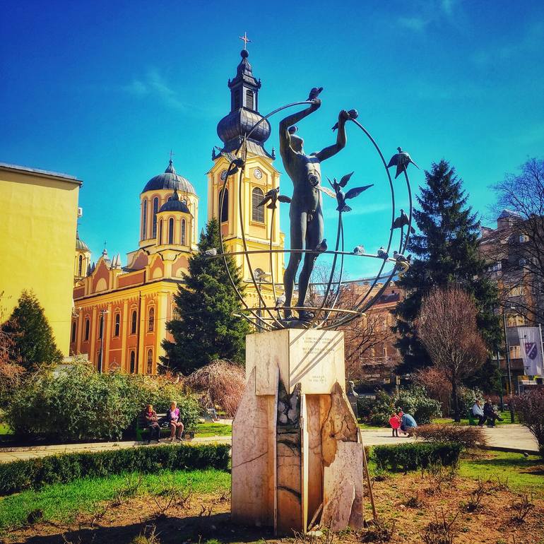 Multicultural Man Sculpture and Church, Sarajevo, Bosnia Photography by ...