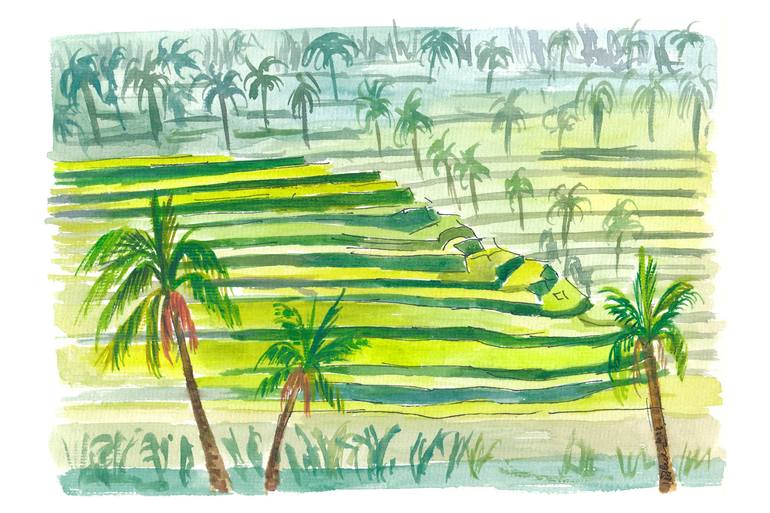 Picturesque Green Bali Rice Terraces Painting by M Bleichner | Saatchi Art