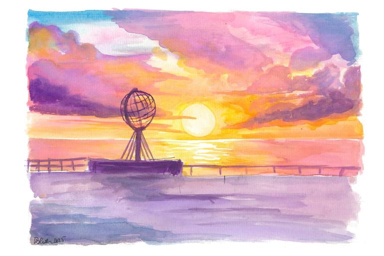 North Cape and Arctic Globe Sunset Colors of Northern Horizons Painting ...