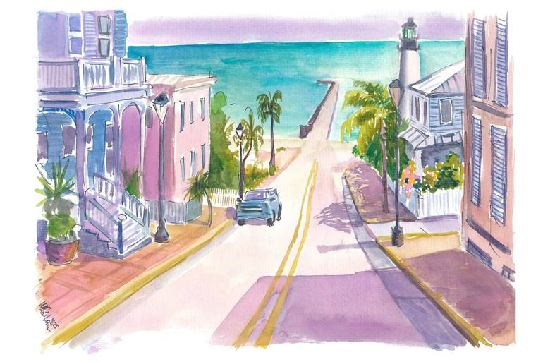 Key West Charm with Lighthouse Glow Painting by M Bleichner | Saatchi Art
