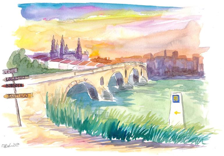 Camino To Santiago Puente de La Reina With Signpost Painting by M ...