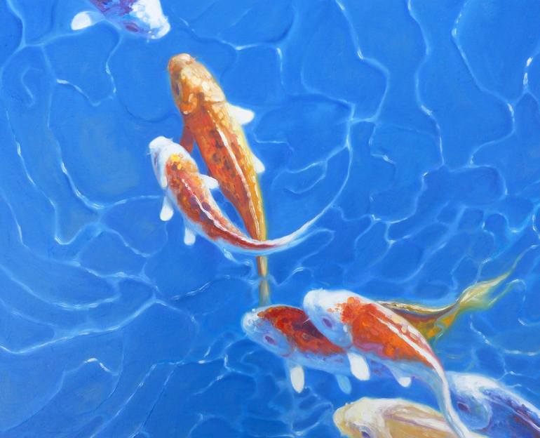 oil painting of Koi fish in a blue pond Painting by Gill Bustamante ...
