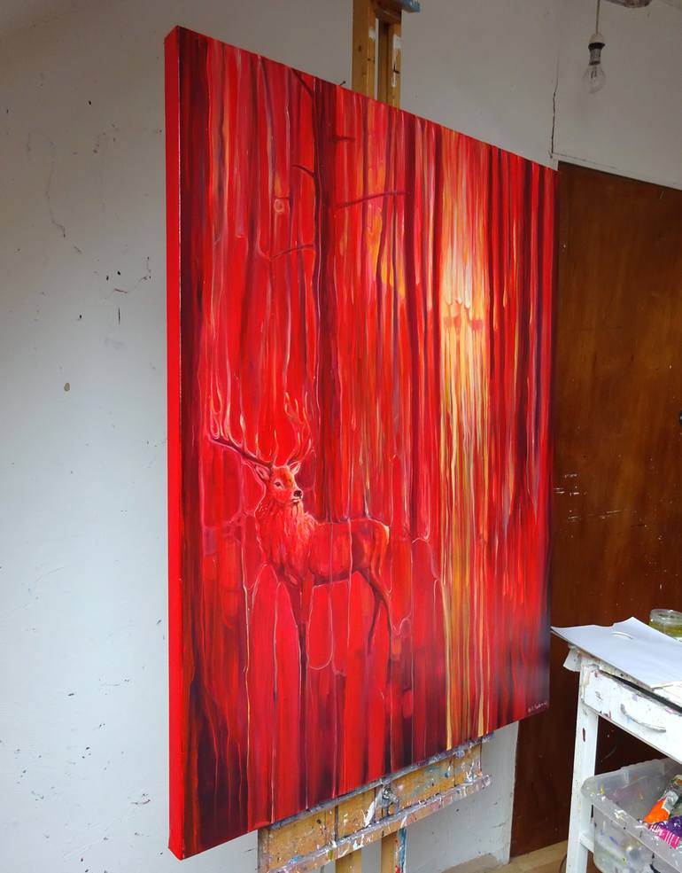 Red Forest Calls - original red oil painting with red deer in a red ...