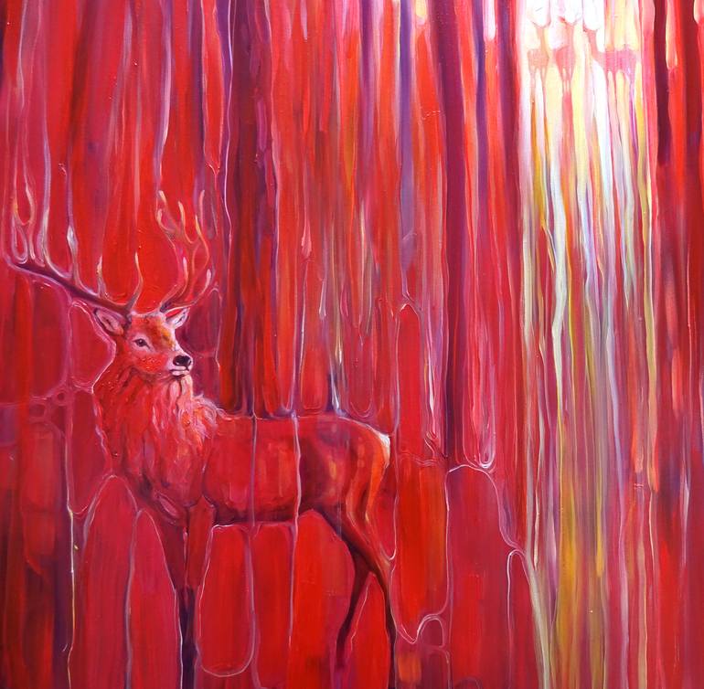 Red Forest Calls - original red oil painting with red deer in a red ...