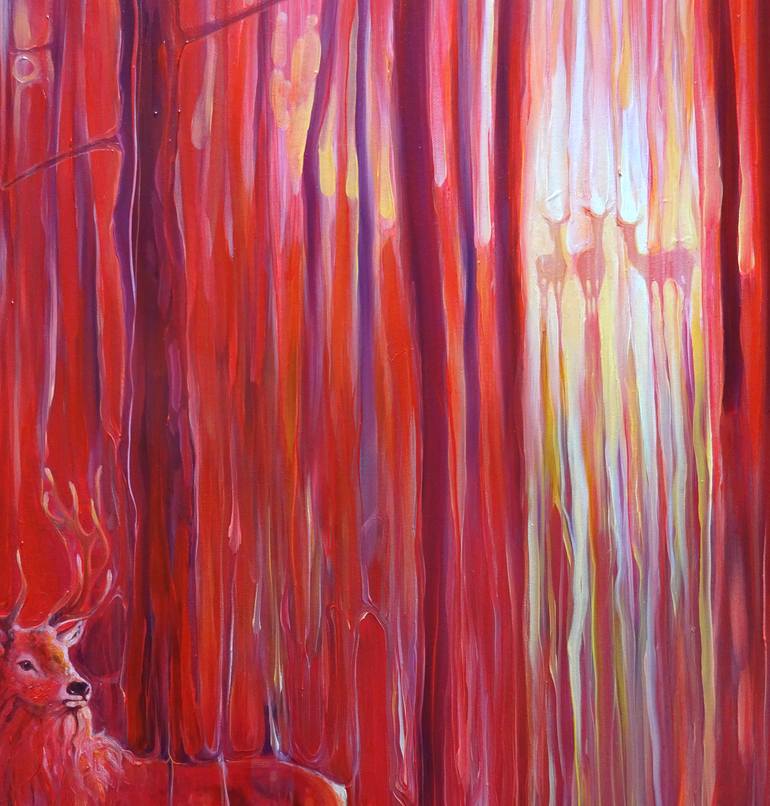 Red Forest Calls - original red oil painting with red deer in a red ...