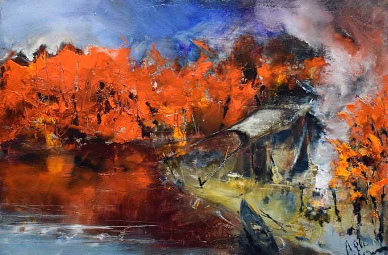 tent on the lake Painting by Evgeny Solodkiy | Saatchi Art