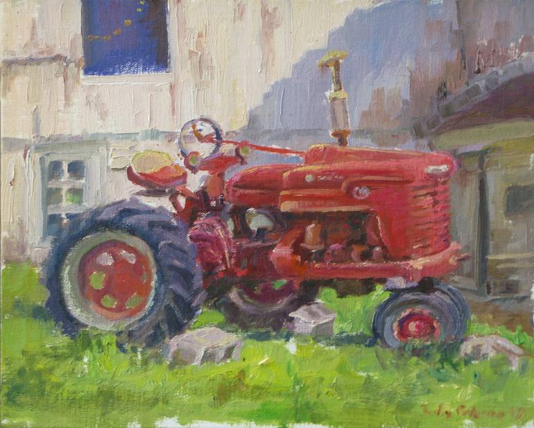 Red Farm Tractor, plein air Painting by Judy Palermo | Saatchi Art