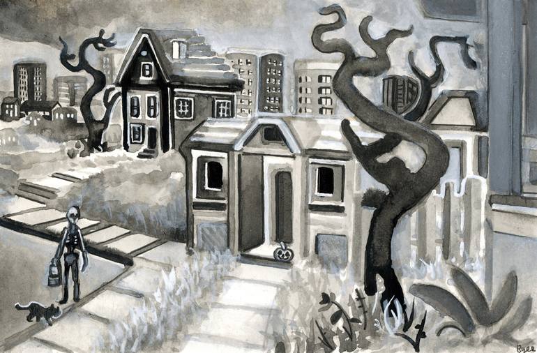 A Skeleton Goes Trick-or-Treating Painting by Josh Byer | Saatchi Art