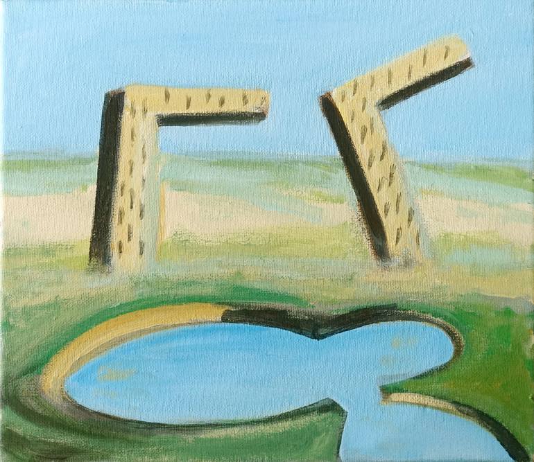 modern buildings with a cartoonesque pond. Painting by Frank Zijlstra ...