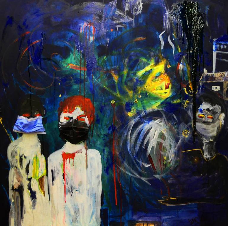 masks in the first lockdown Painting by Rolando Attanasio | Saatchi Art