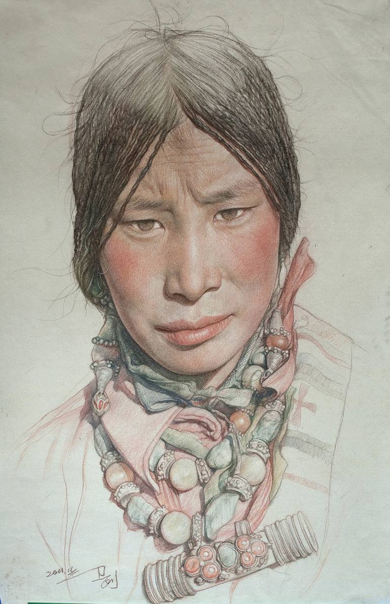 Portrait of Tibetan girl Drawing by Weillie Wu | Saatchi Art