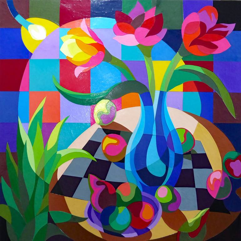 STILL LIFE: THREE FLOWERS IN BLUE VASE Collage by Stephen Conroy ...