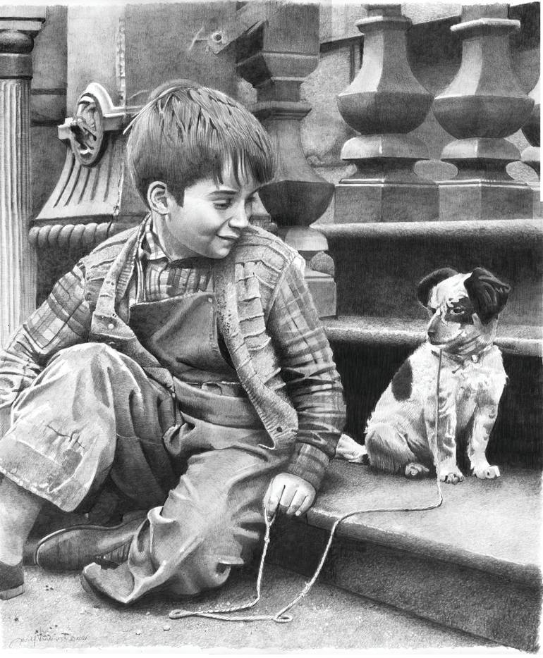 A boy and his dog Drawing by David J Vanderpool | Saatchi Art