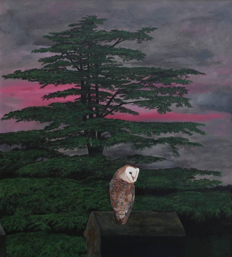 Barn owl on Lockinge church tower Painting by Robert Harris | Saatchi Art