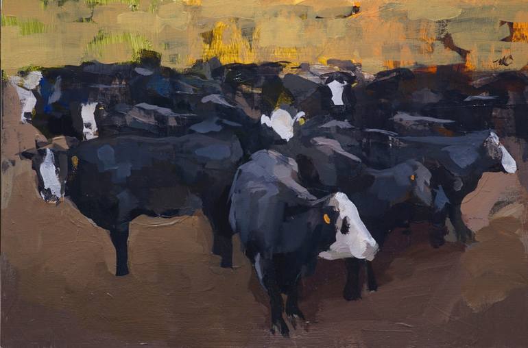 black angus cows in fall corral Painting by Mark Crenshaw | Saatchi Art