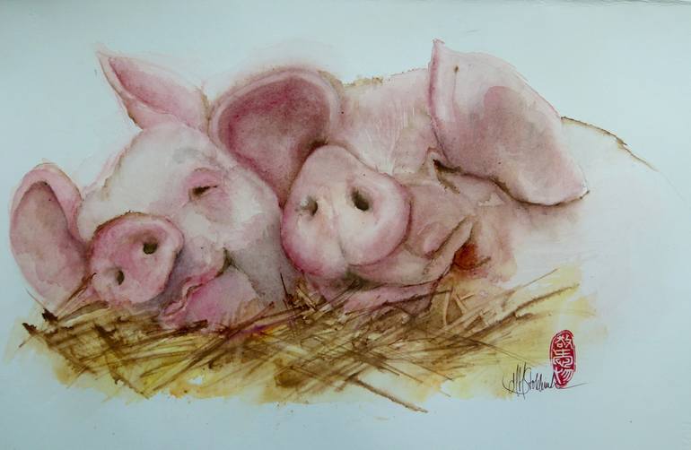 happy satisfied snoring Pigs Painting by Marie-Helene Stokkink ...