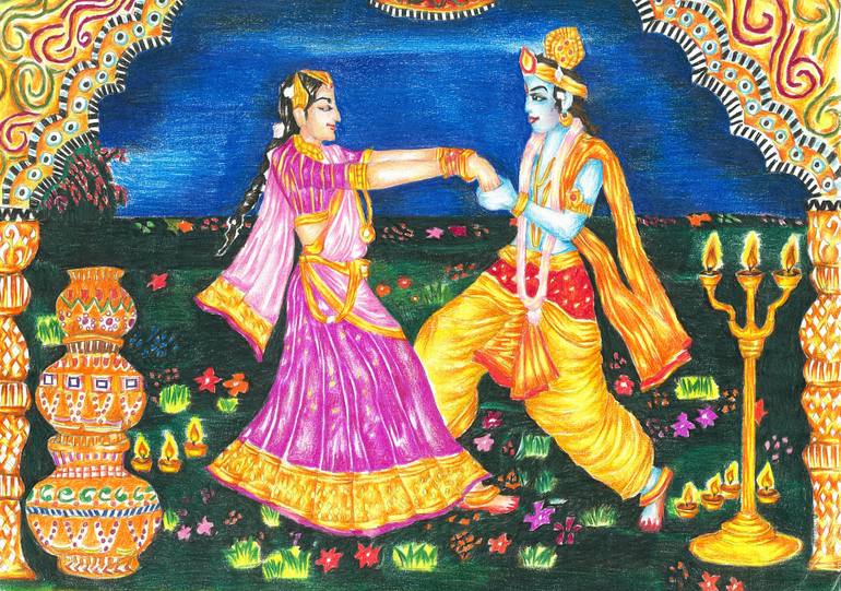 Krishna and Radha Drawing by Hiten Mistry | Saatchi Art