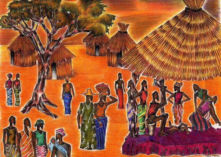 Village life ( Zambia ) Drawing by Hiten Mistry | Saatchi Art