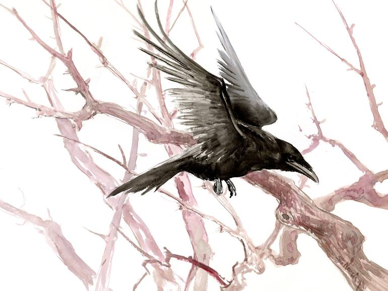 Flying Raven in the Woods Painting by Suren Nersisyan | Saatchi Art