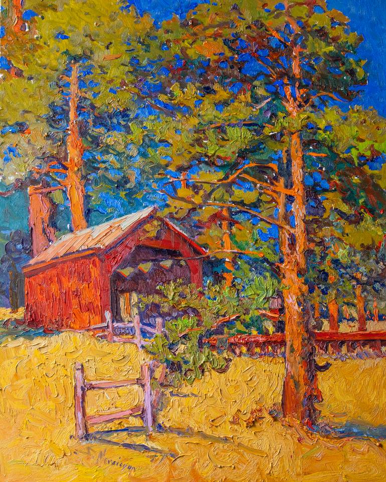 Red Barn and Pine Trees Painting by Suren Nersisyan | Saatchi Art