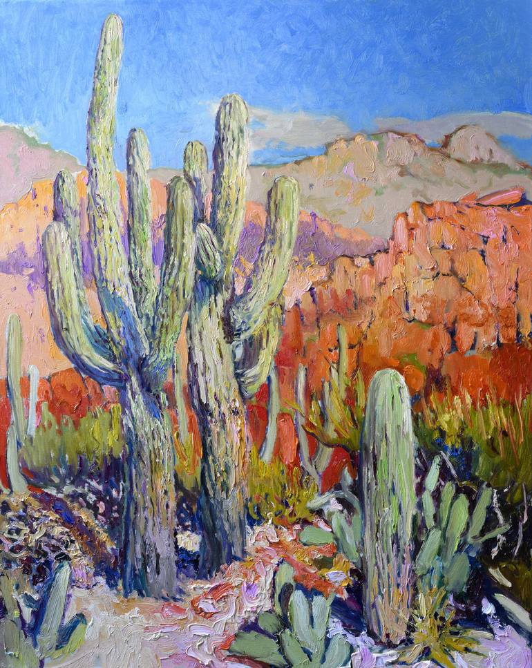 Saguaro Cactuses in the Desert Painting by Suren Nersisyan | Saatchi Art