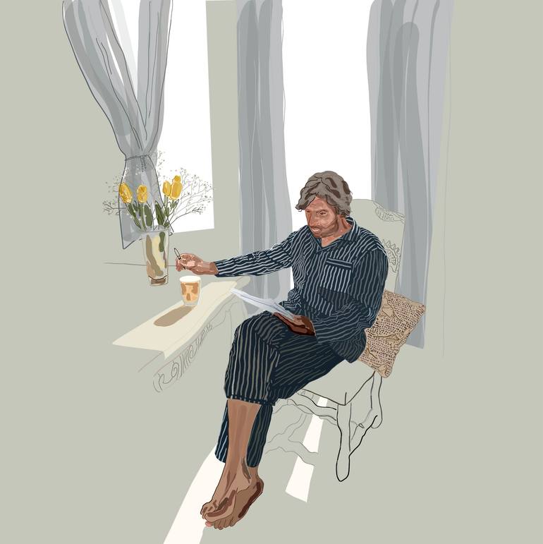 Reading in stripy pyjamas Drawing by Victoria Kovalenko | Saatchi Art