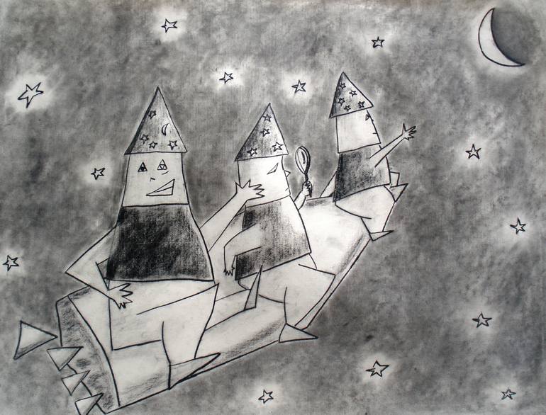 2001 - Early Works: Three Gnomes on a Rocket to the Moon Drawing by ...