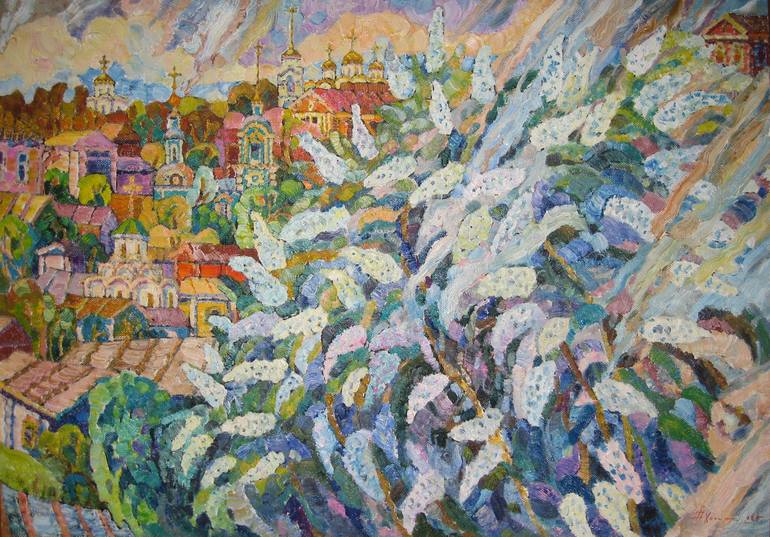 Vladimir. Bird cherry in the rain Painting by Dmitriy Holin | Saatchi Art