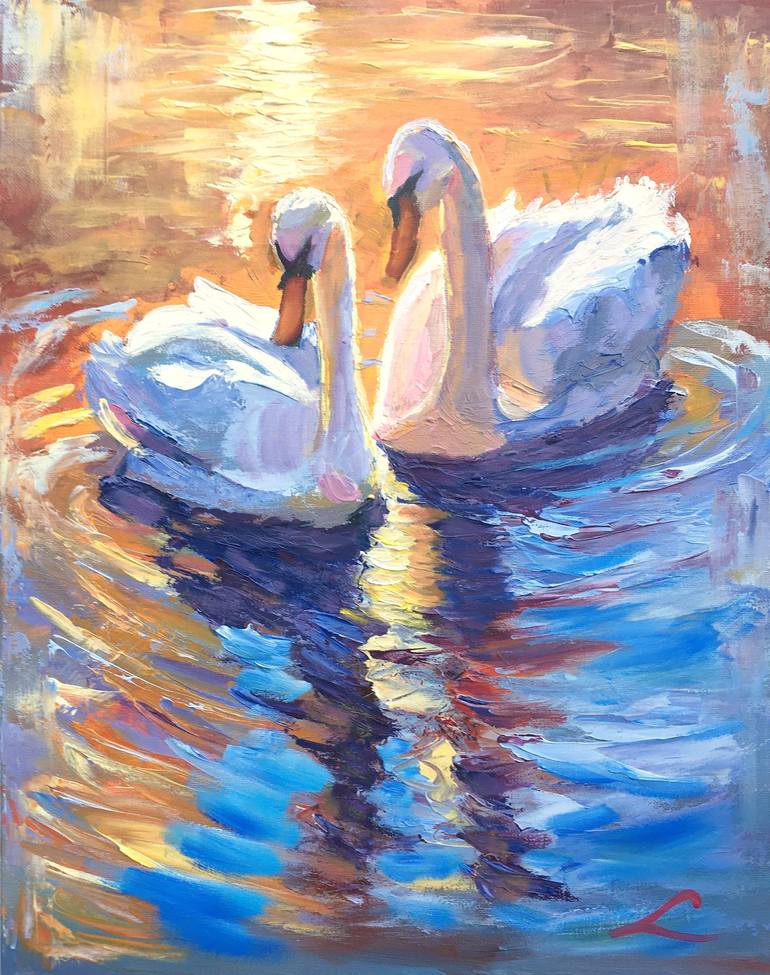 Sunset swans Painting by Elena Sokolova | Saatchi Art