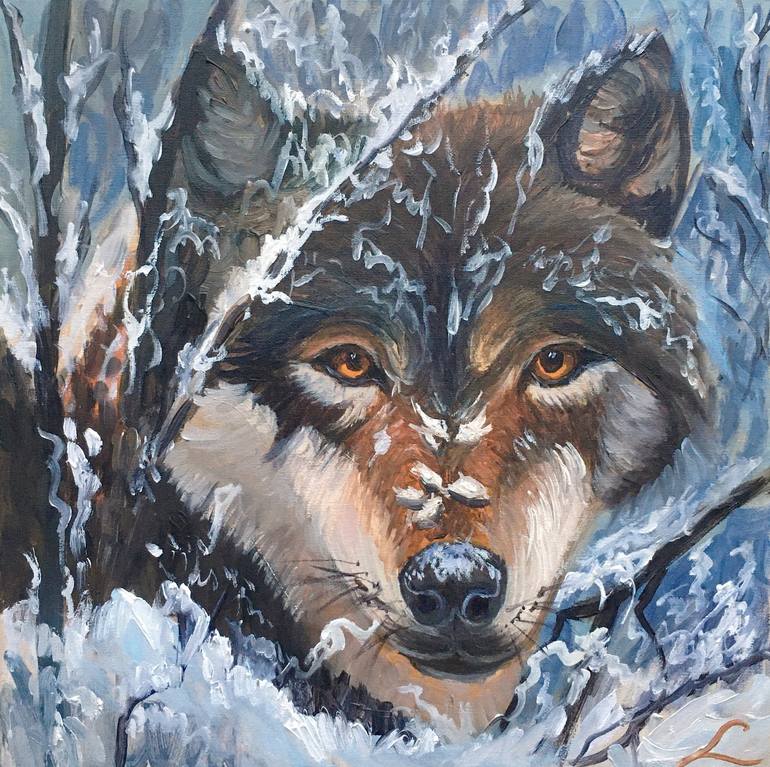 Winter wolf portrait Painting by Elena Sokolova | Saatchi Art