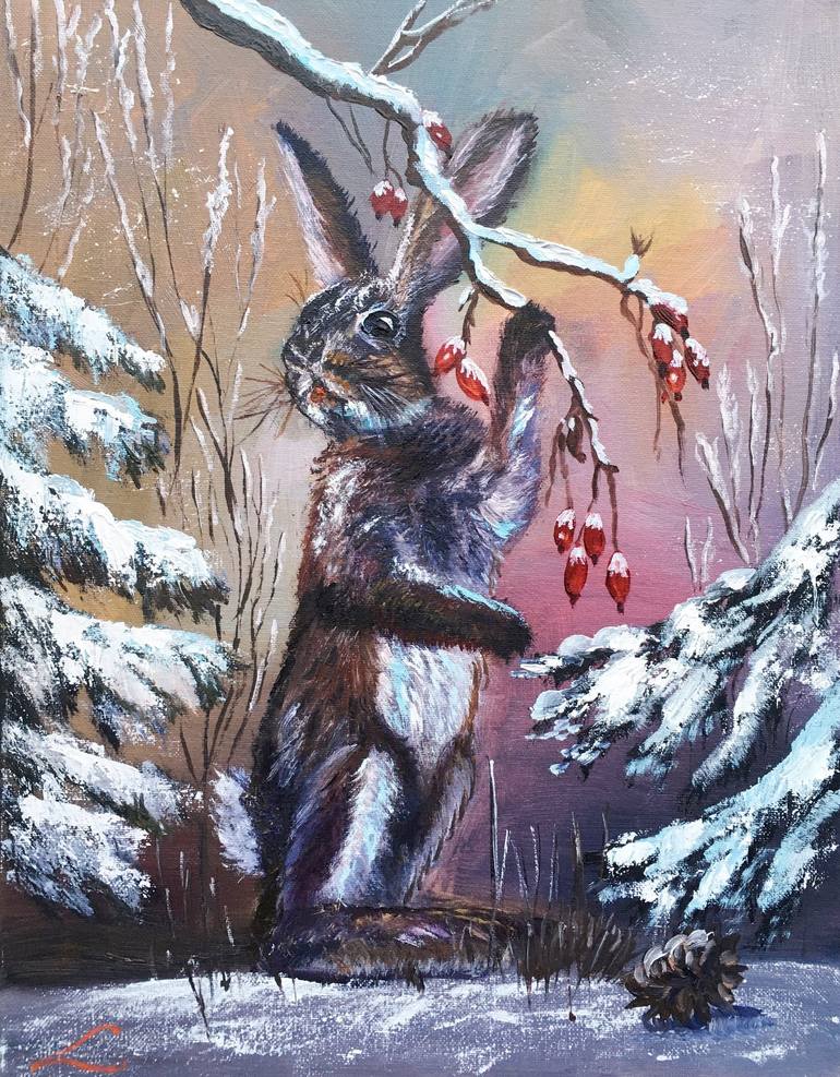 Winter hare Painting by Elena Sokolova | Saatchi Art