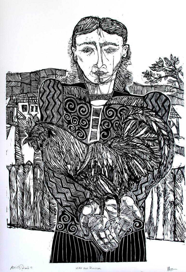 A Man and Rooster Printmaking by william carpenter | Saatchi Art