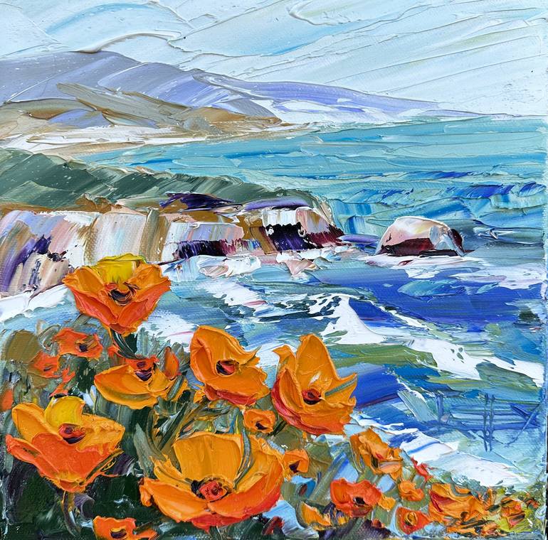 Coastal Poppy Glow Painting by Lisa Elley | Saatchi Art