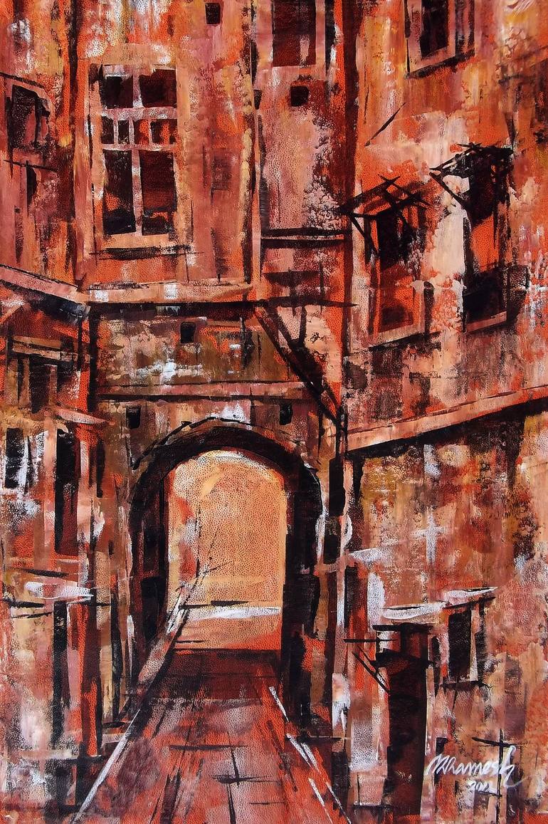 Red building Painting by Ramesh A R | Saatchi Art