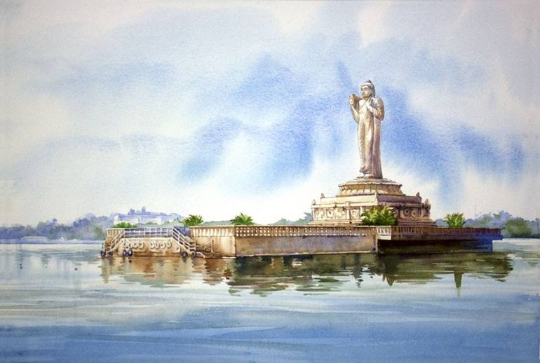 The Buddha at Hussain Sagar Painting by Vikrant Shitole | Saatchi Art