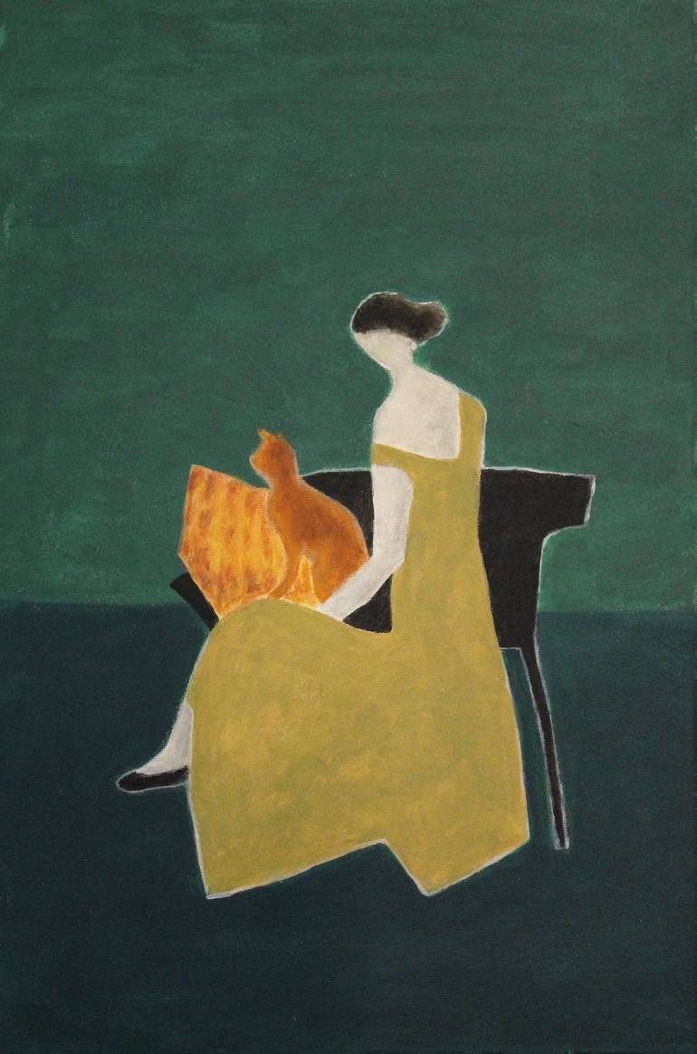 Woman with orange cat Painting by Naoko Paluszak | Saatchi Art