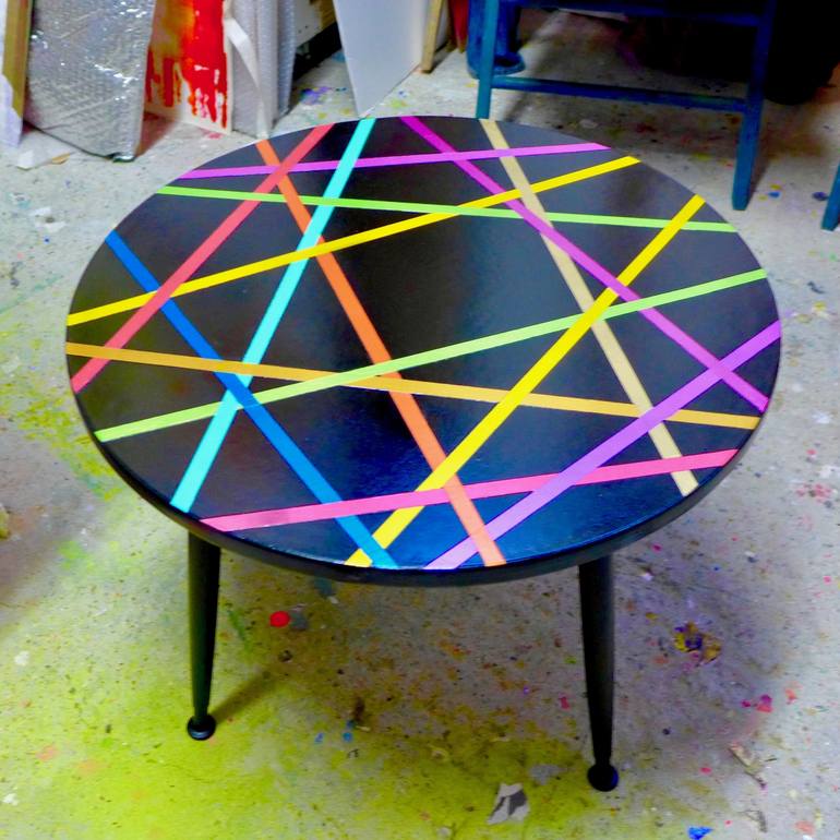 Network painting on mid-century Danish teak coffee table Sculpture by ...