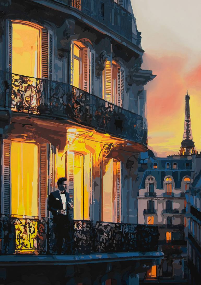 Parisian Rendezvous at Sunset Painting by Marco Barberio | Saatchi Art