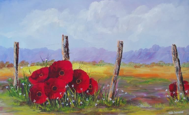 Fence Poppies Painting by Louis Pretorius | Saatchi Art