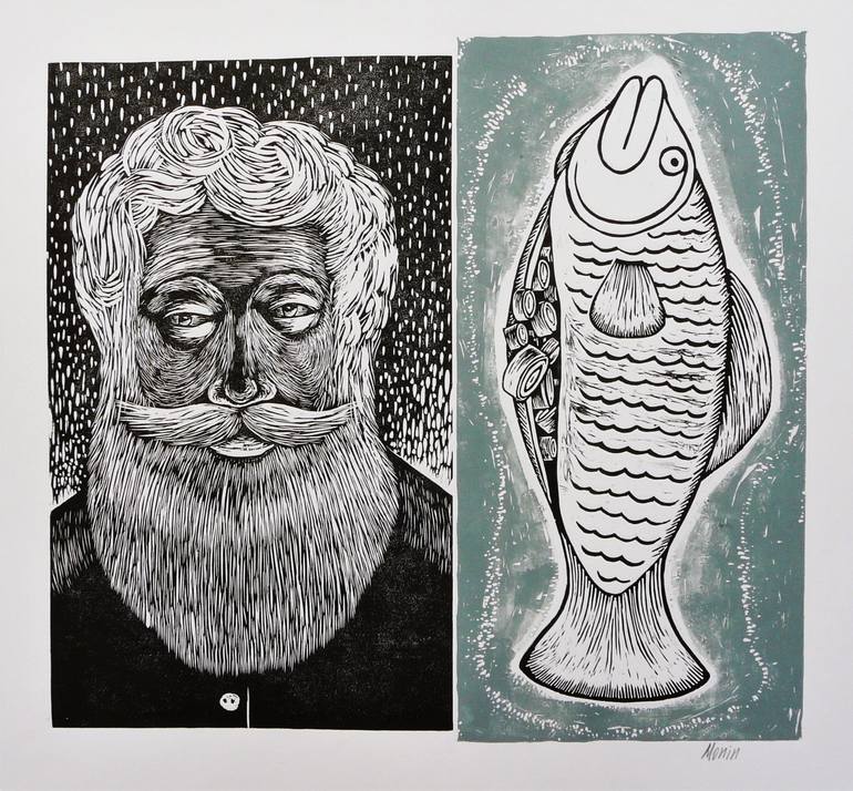 The old man and the fish Printmaking by Sergei Monin | Saatchi Art