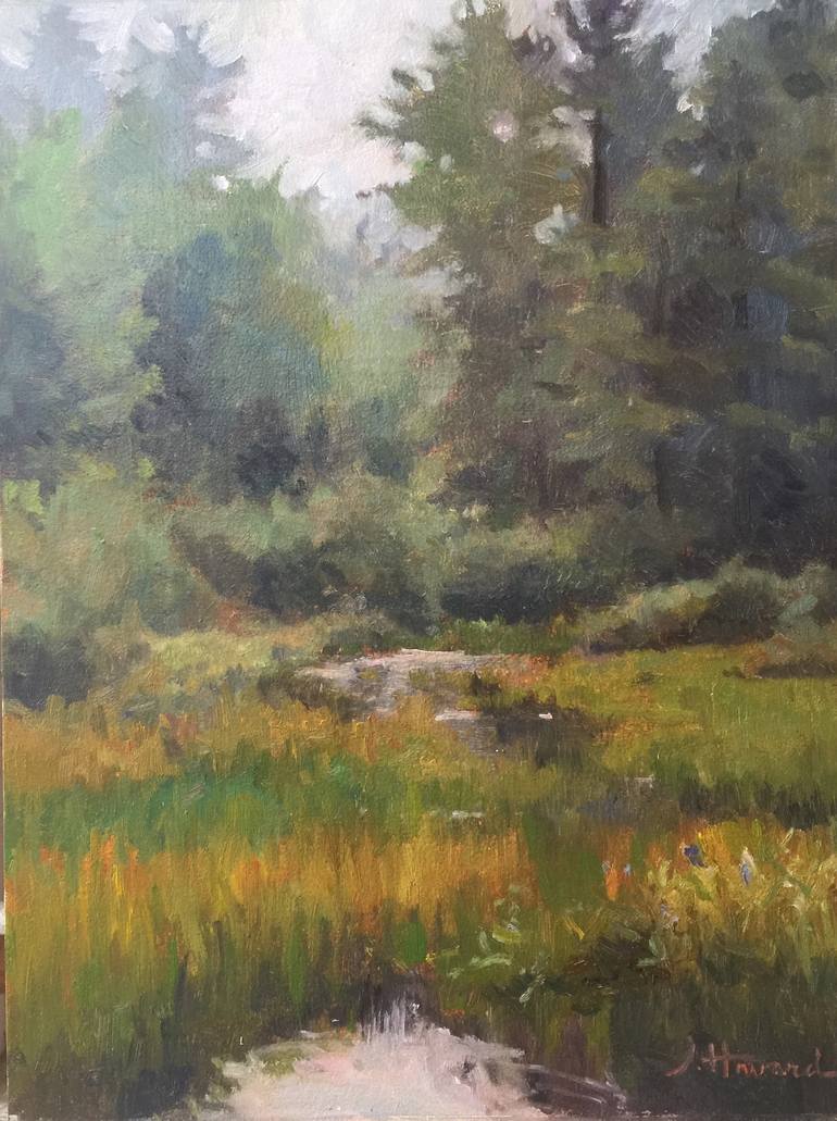 Rain on Black Pond Painting by Janet Howard-Fatta | Saatchi Art