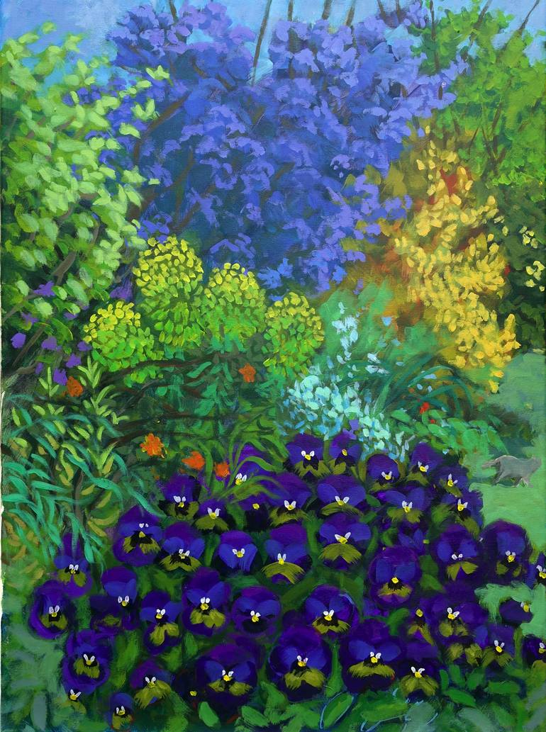 Blue Garden, Grey Cat Painting by Ian McAdam | Saatchi Art