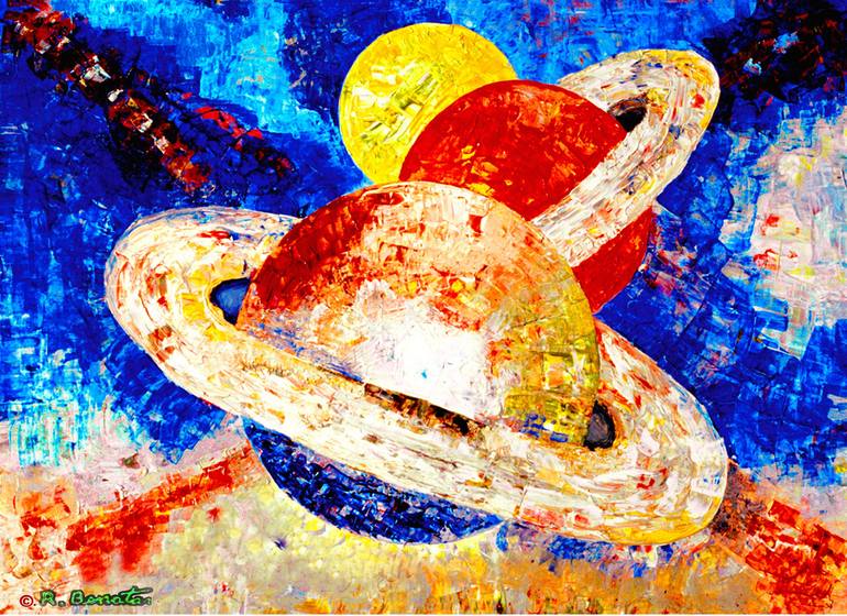 Planets in Space with Rings Painting by Rami Benatar | Saatchi Art