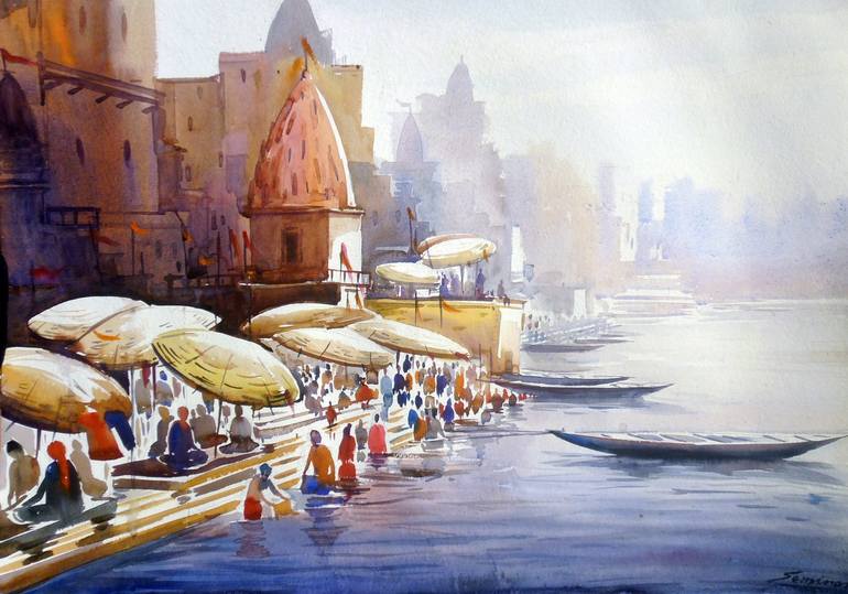 Varanasi Ghat at Morning-Watercolor on Paper Painting Painting by ...